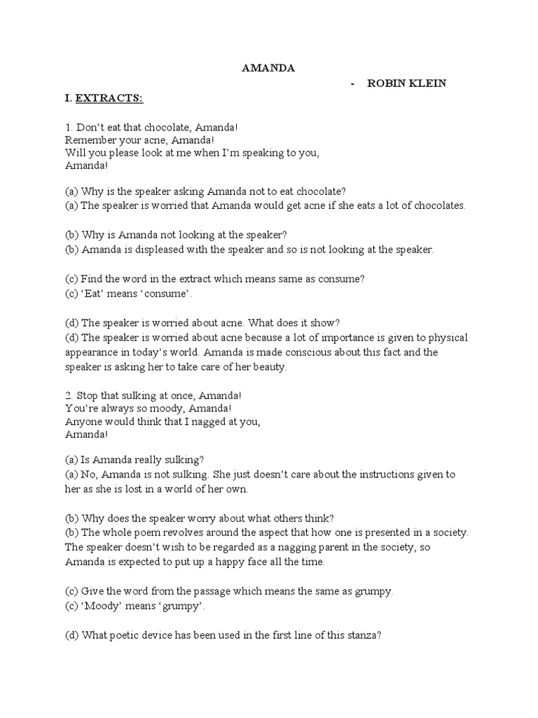 Amanda - Robin Klein I. Extracts | PDF
