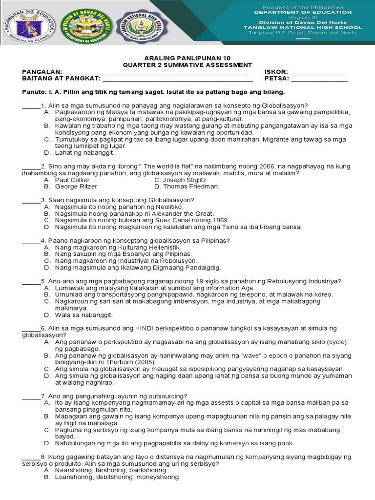 2nd Quarter Summative Assessment 2021-2022 | PDF