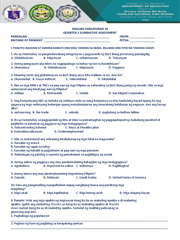 Araling Panlipunan 10 Second Grading Exam | PDF