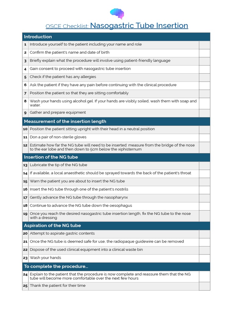 OSCE Checklist Nasogastric NG Tube Insertion | PDF