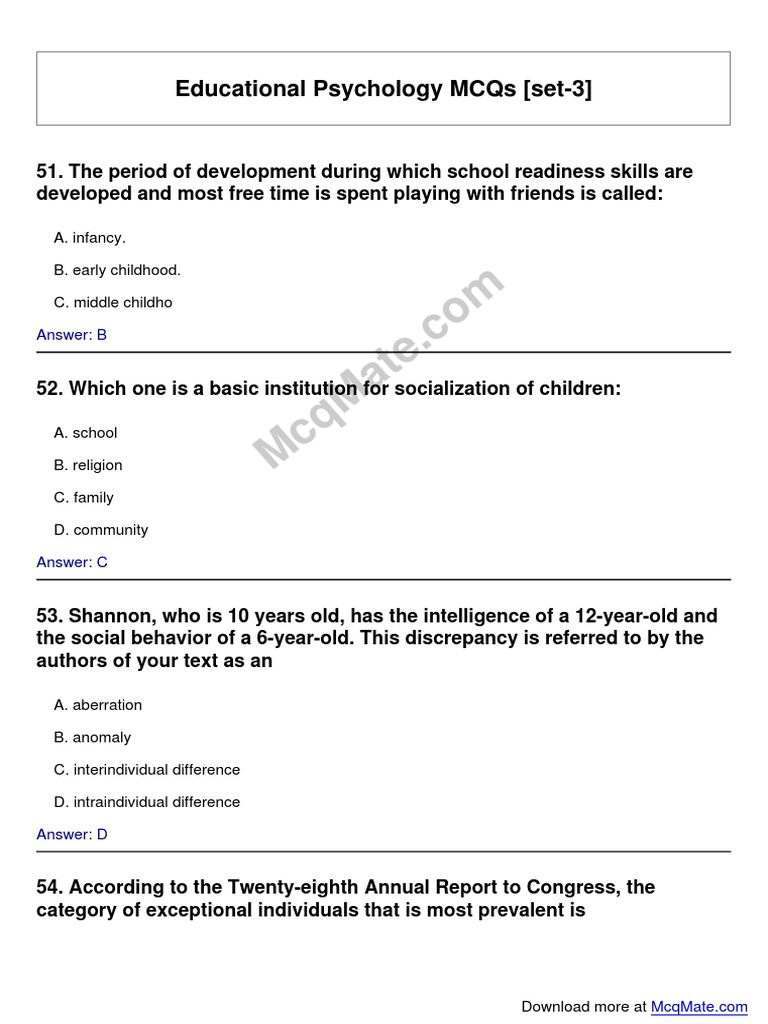 Educational Psychology Solved MCQs (Set-3) | PDF | Disability ... Educational Psychology Solved MCQs (Set-3) | PDF | Disability ...