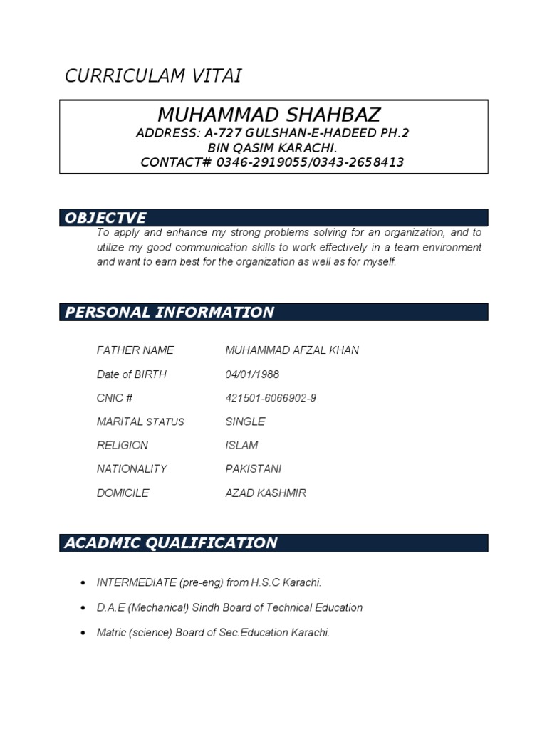 Muhammad Shahbaz CV: Mechanical DAE, QC Inspector | PDF
