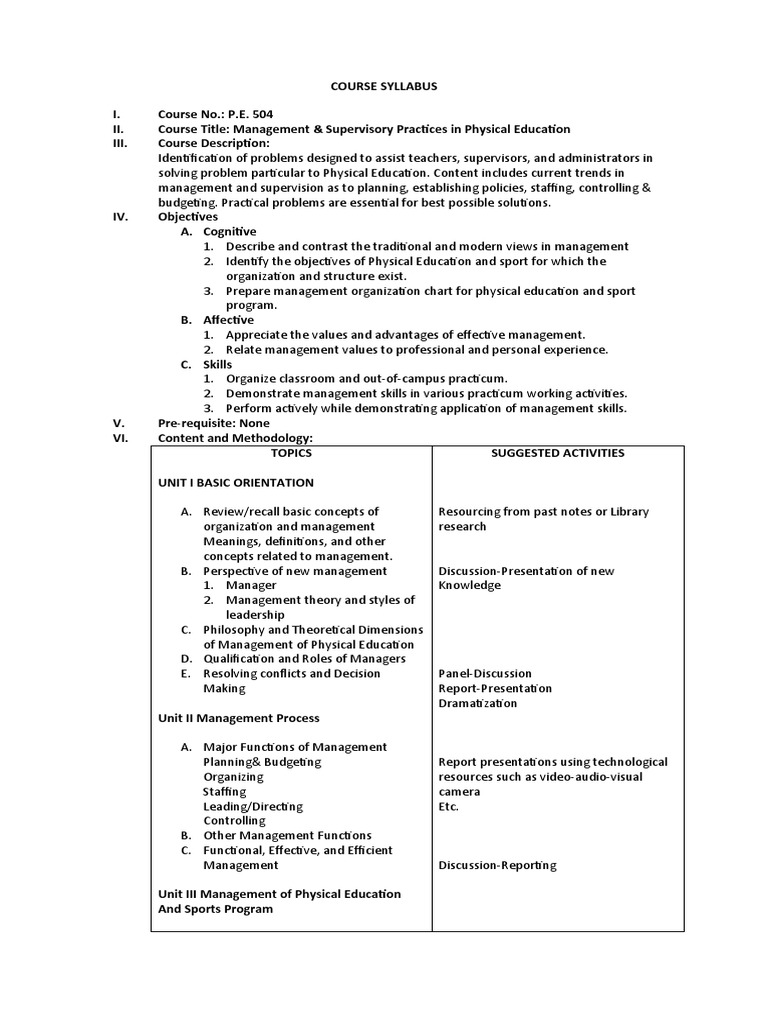Management & Supervision in PE Syllabus | PDF | Concept | Physical ...