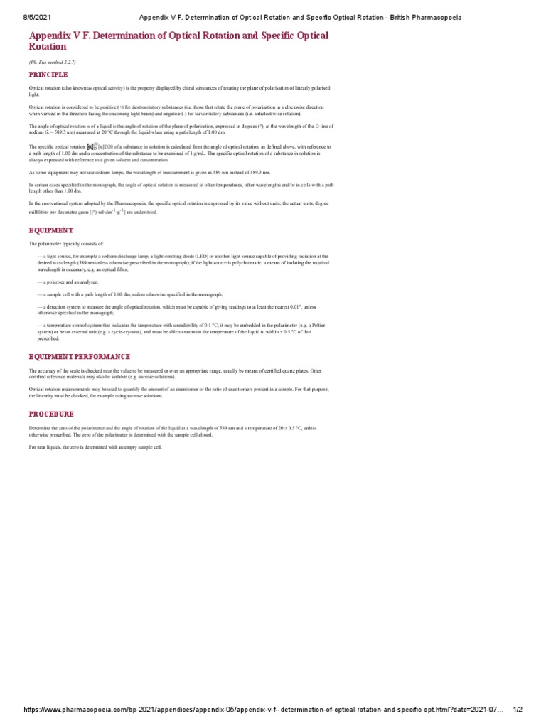 Appendix V F. Determination of Optical Rotation and Specific Optical ...