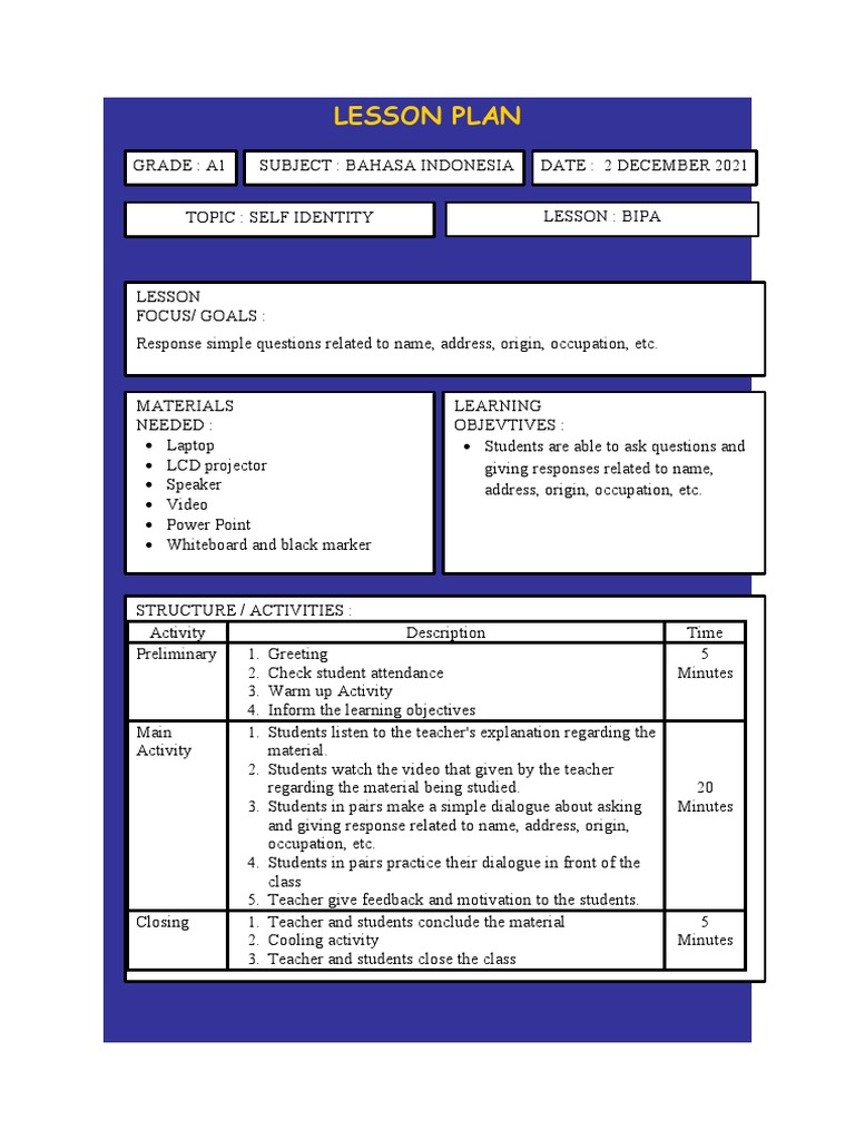 Lesson Plan-Bipa-Ayuanggita | PDF | Cognition | Lesson Plan