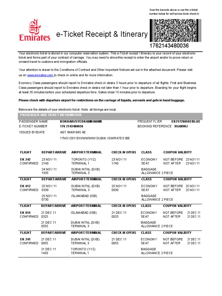 Emirates e-Ticket Itinerary Receipt | PDF | Service Industries | Aviation
