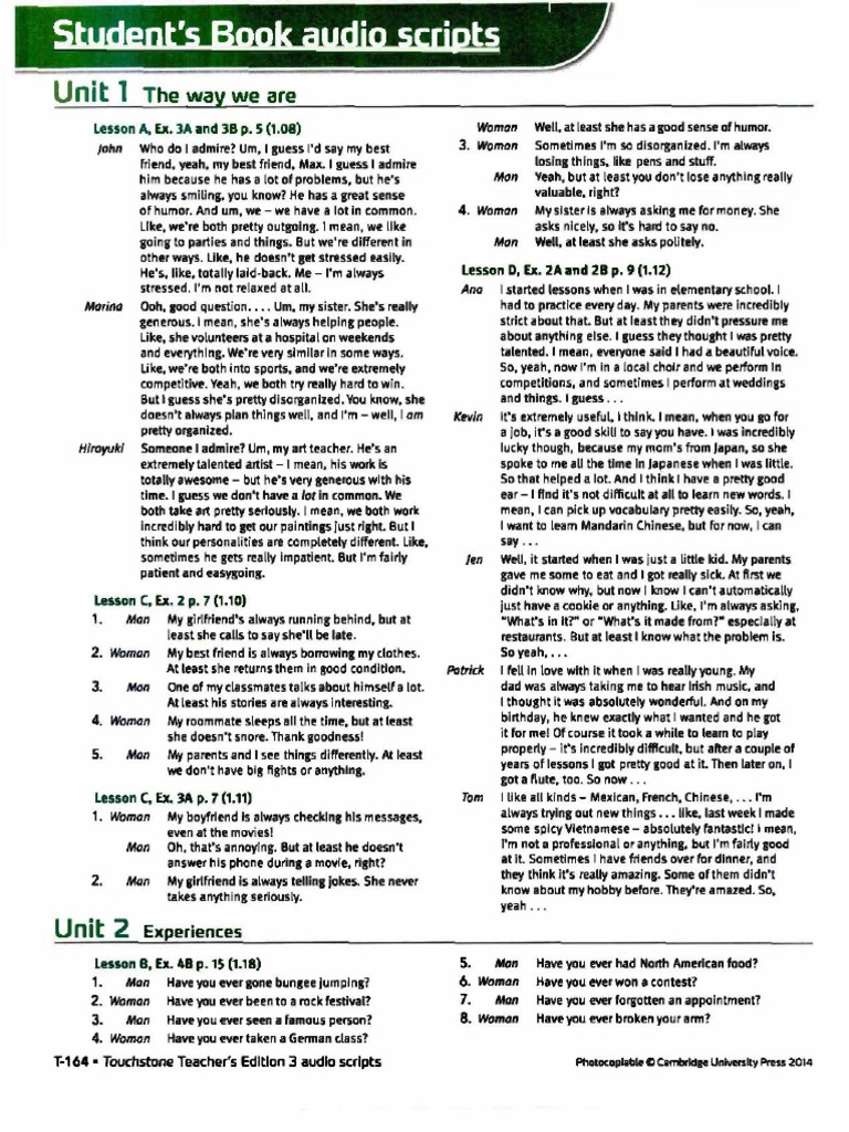 Touchstone 3 (Second) - Audio Scripts Answer Key | PDF