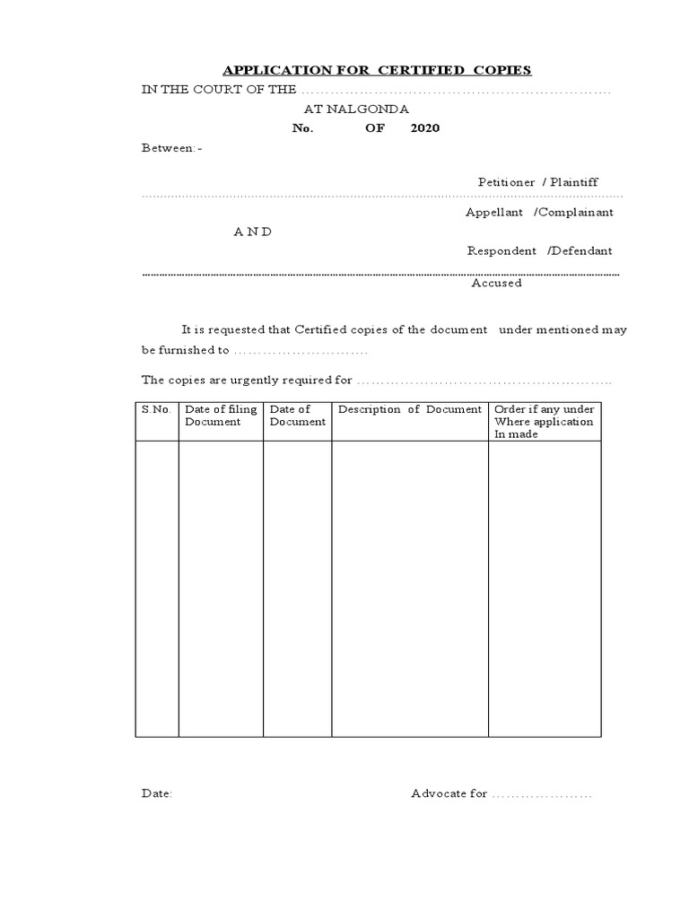 Application For Certified Copies: at Nalgonda No. of 2020 | PDF | Plaintiff | Courts