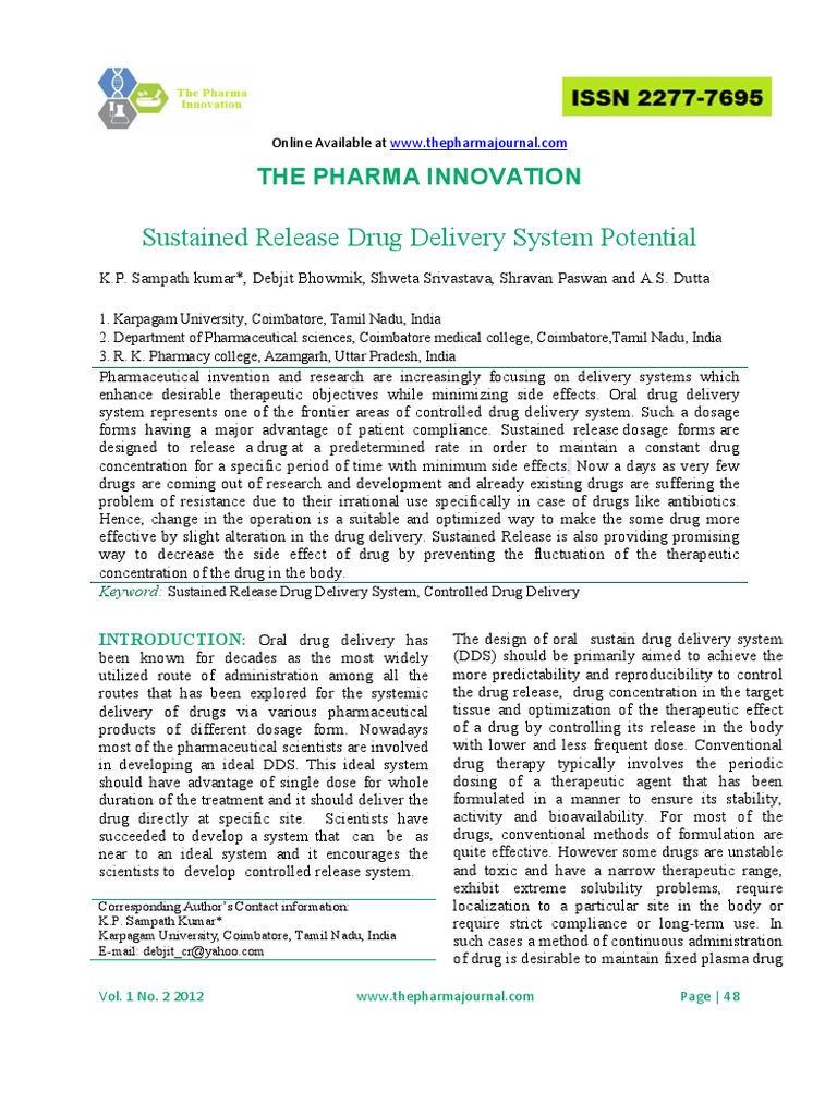 Sustained Release Drug Delivery System Potential: The Pharma Innovation ...