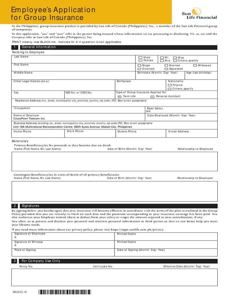 Employees Application For Group Insurance v4 | PDF | Employment | Insurance