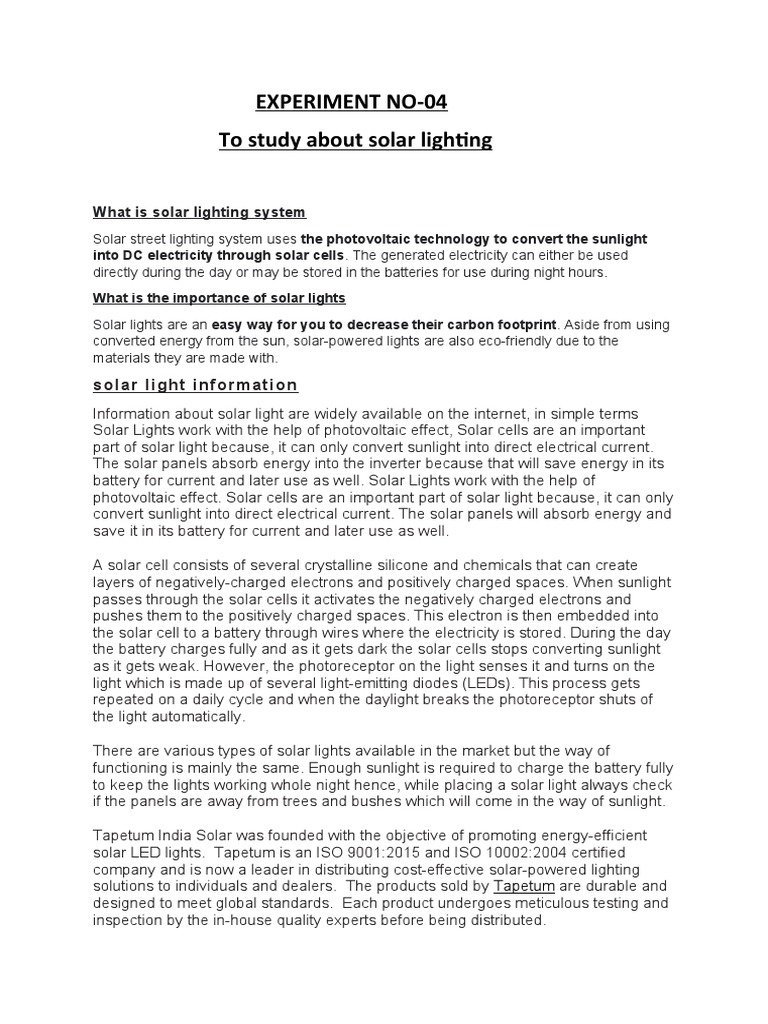 Experiment No-4 To Study Solar Lighting | PDF | Solar Power | Solar Cell