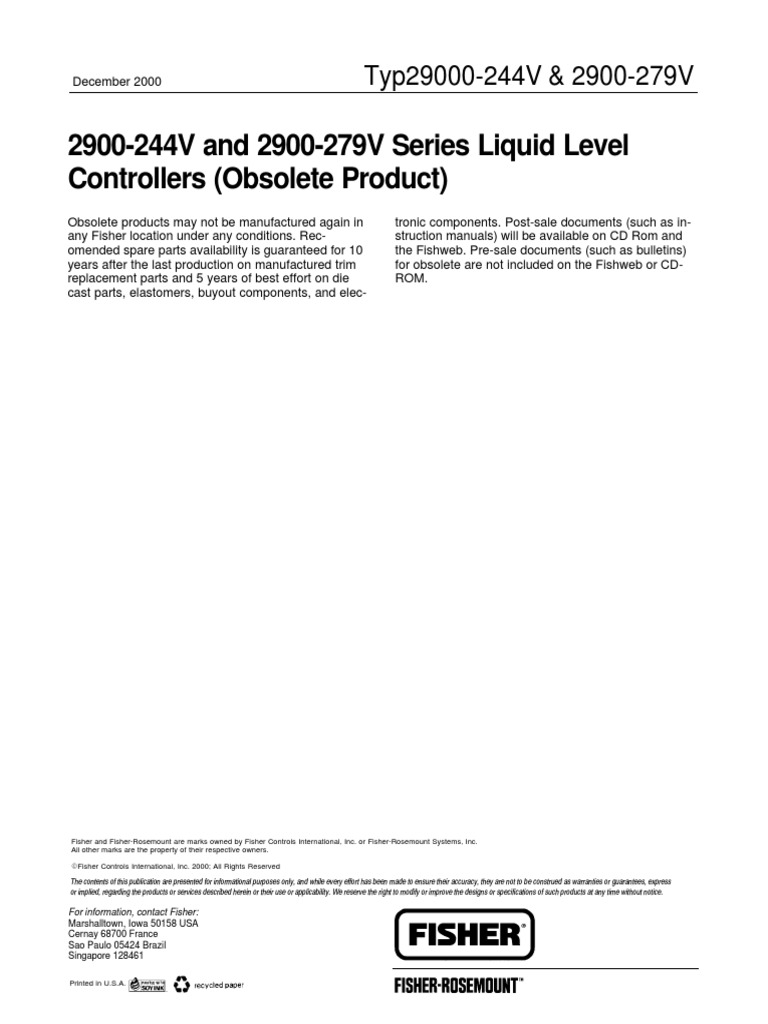 2900-244V and 2900-279V Series Liquid Level Controllers (Obsolete Product) | PDF