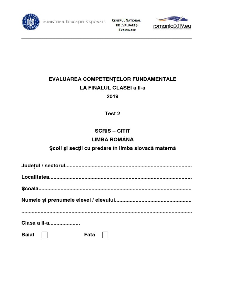 EN II 2019 Scris Citit LB Slovaca Test 2 | PDF
