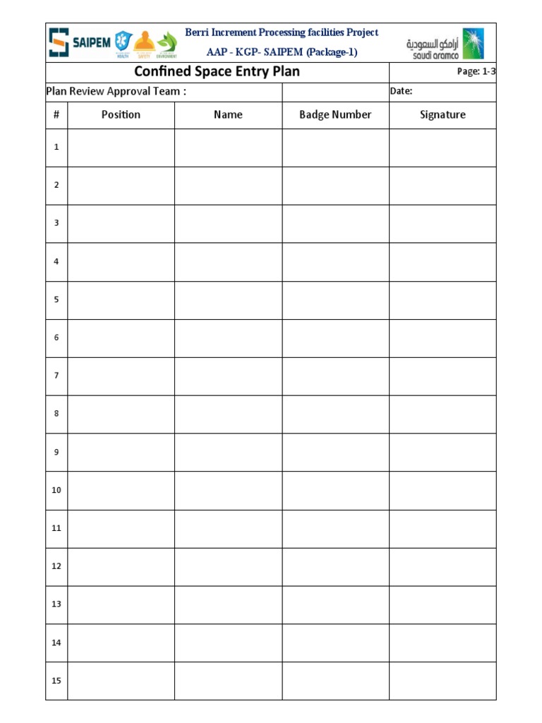 Confined Space Entry Plan: Plan Review Approval Team: # Position Name Badge Number Signature ...