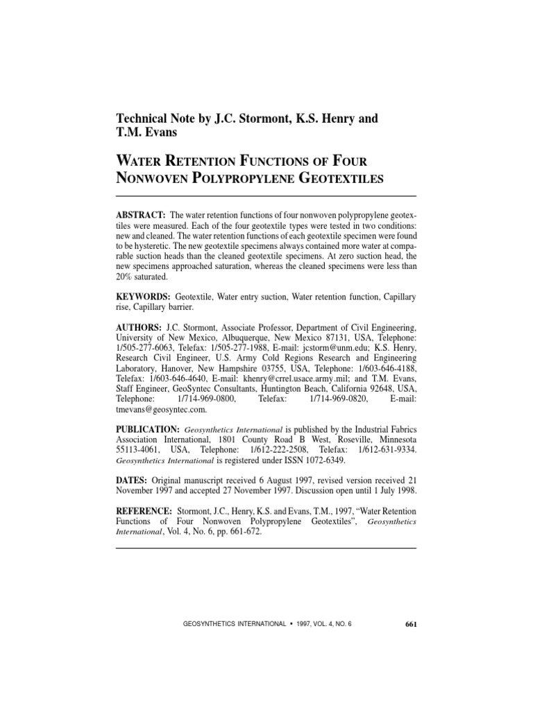 Water Retention Functions of Four Nonwoven Polypropylene Geotextiles ...