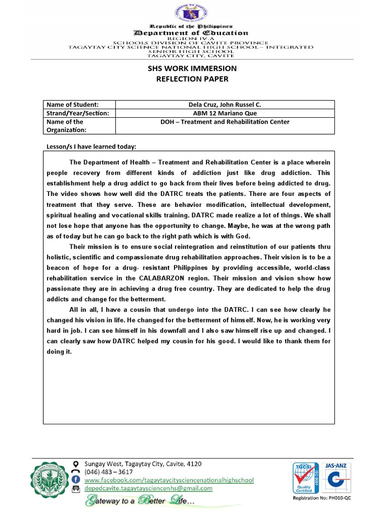 Shs Work Immersion Reflection Paper | PDF