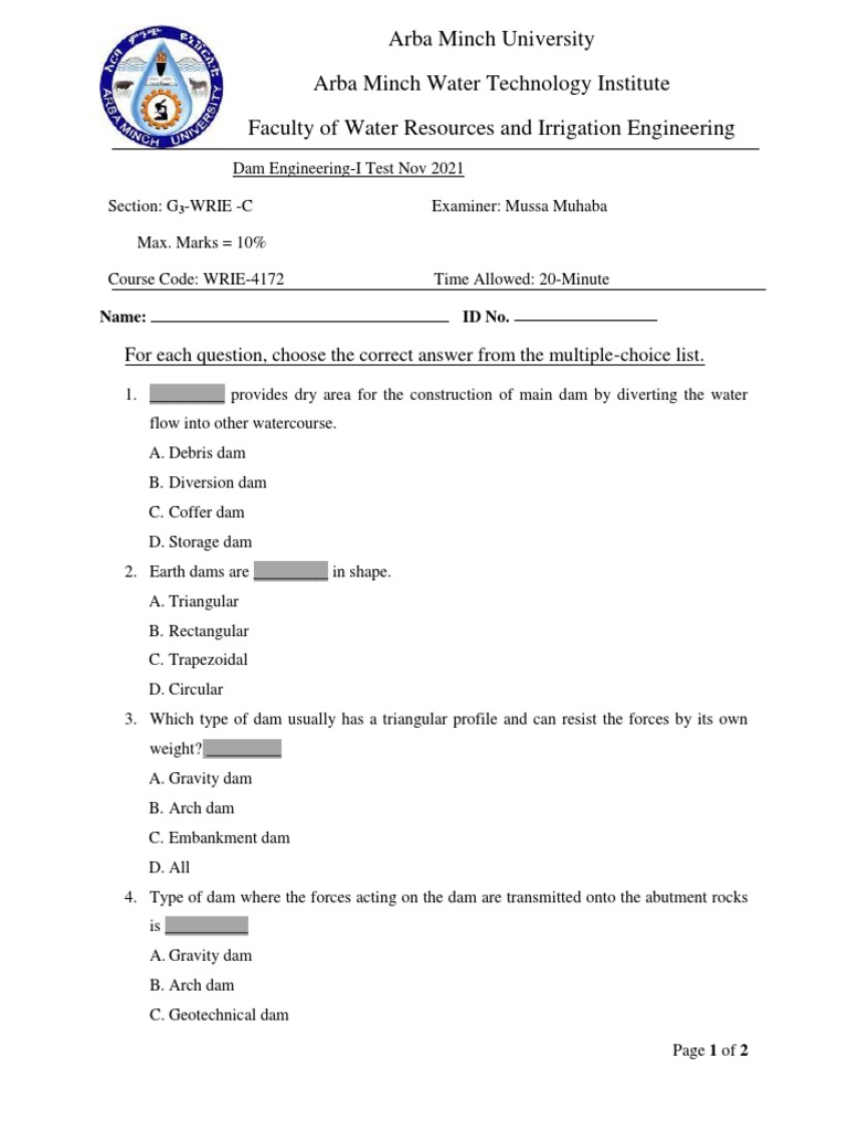 Dam Engineering-I-Test 1 | PDF | Dam | Physical Geography