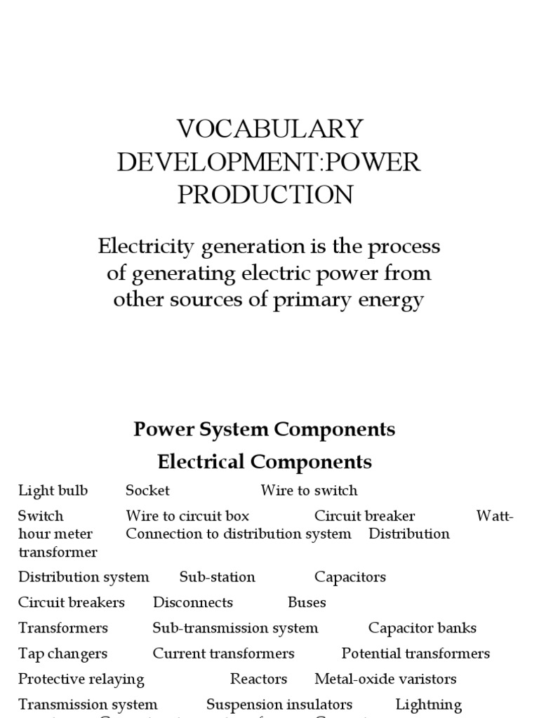 Vocabulary - Power Production | PDF | Electricity | Electric Generator