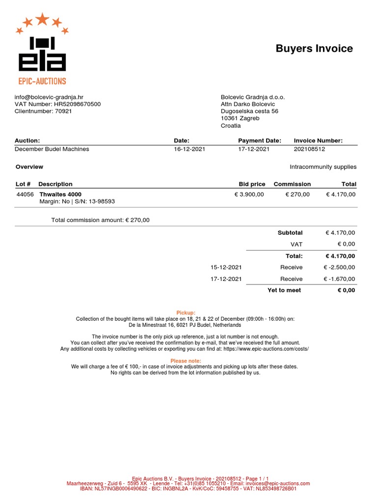 Buyers Invoice Thwaites 4000 | PDF | Auction | Invoice