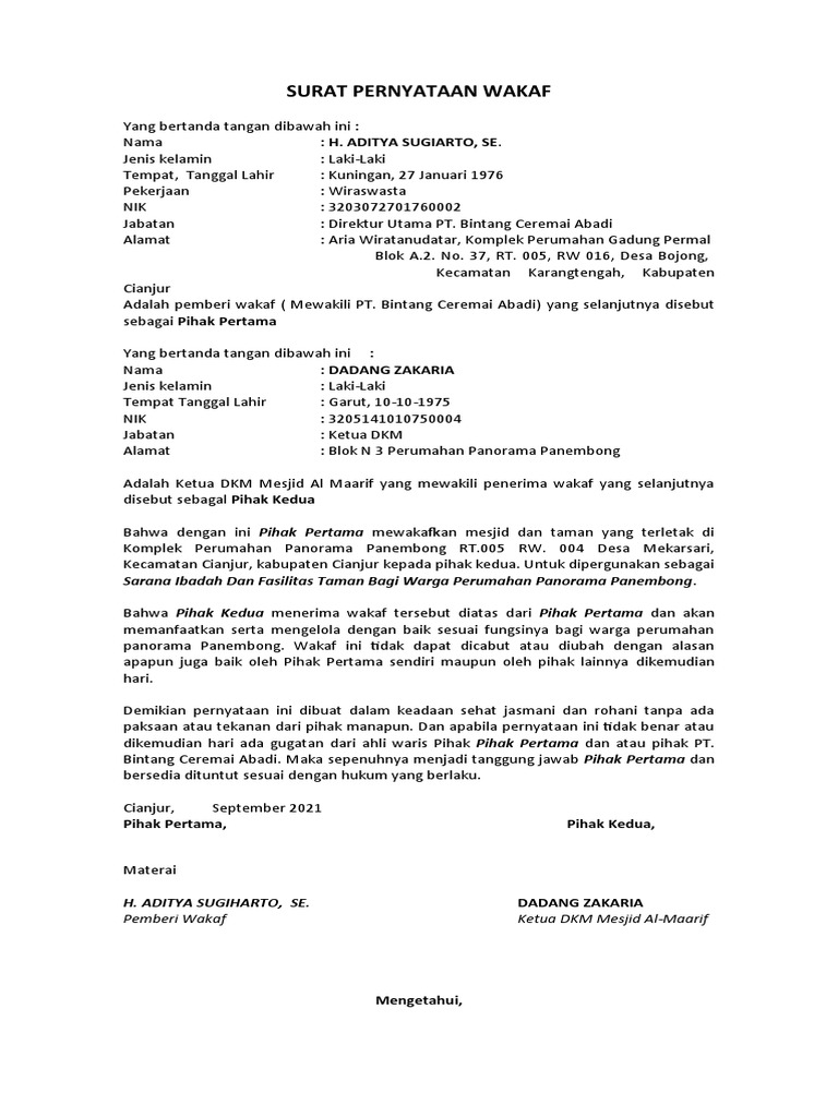 Contoh Surat Pernyataan Wakaf Tanah | PDF