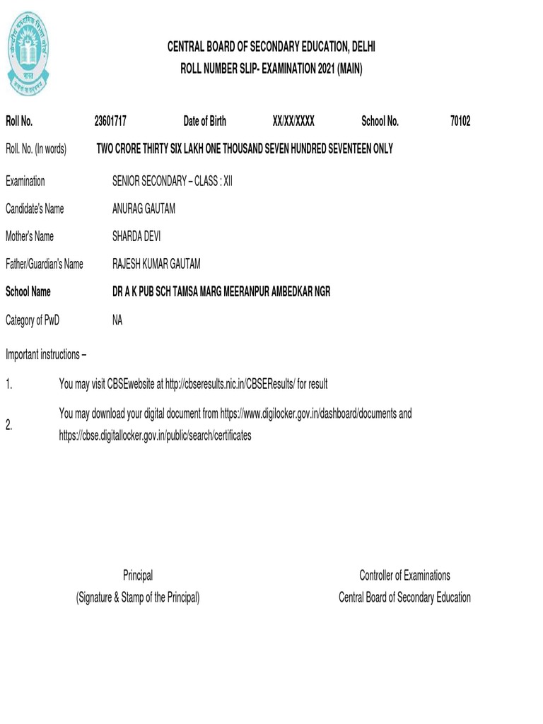 CBSE Roll Number Slip for Class 12 Exams | PDF