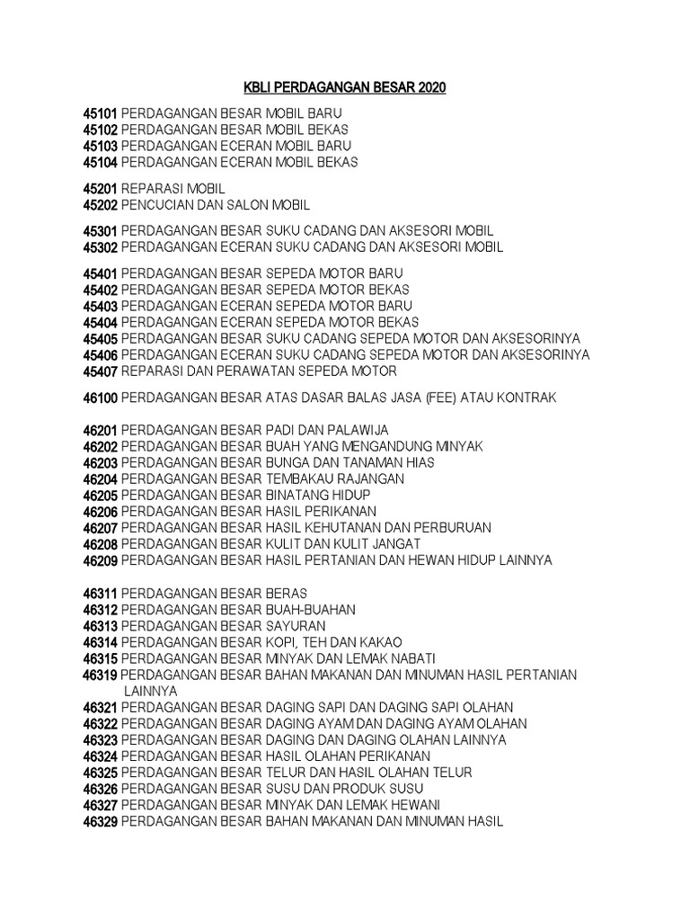 Kode KBLI Perdagangan Besar 2020 | PDF
