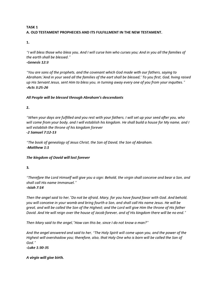Task 1 A. Old Testament Prophecies and Its Fulfillment in The New ...