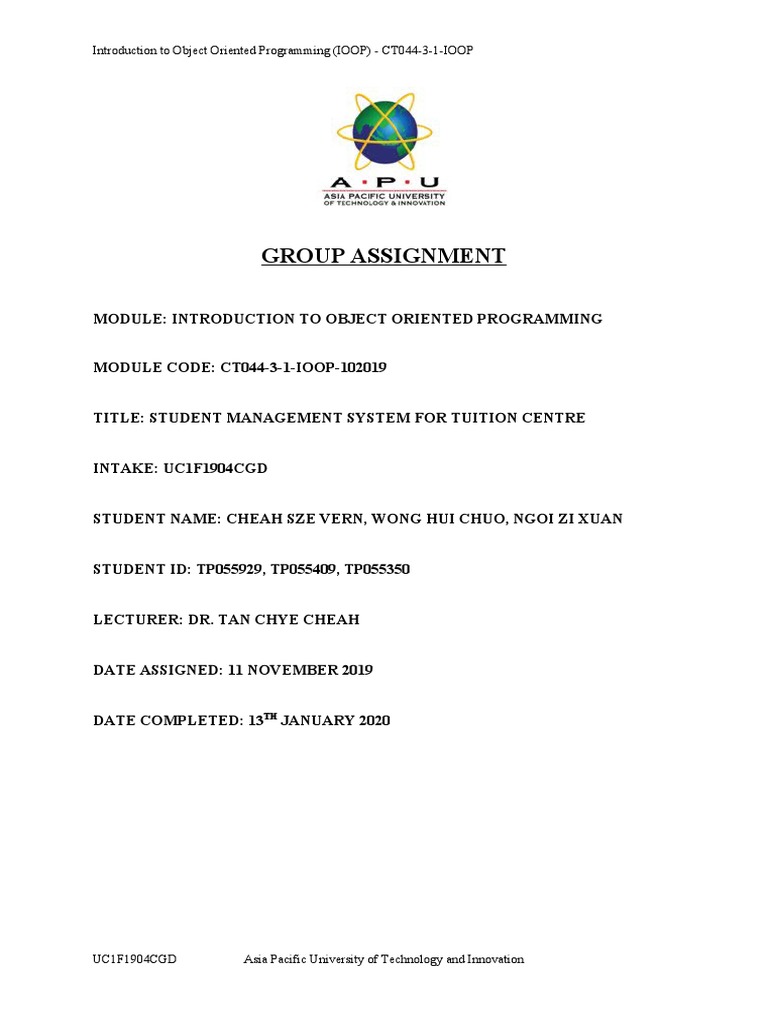 Group Assignment Introduction To Object Oriented Programming Ioop Ct044 3 1 Ioop Pdf