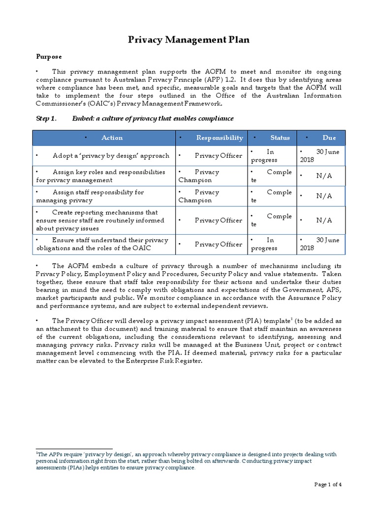 Privacy Management Plan: Purpose | PDF | Privacy | Regulatory Compliance