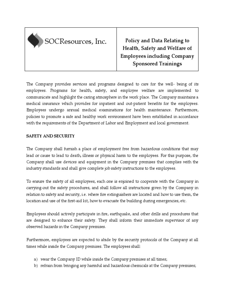 3 - Policy and Data Relating To Health Safety and Welfare of Employees ...
