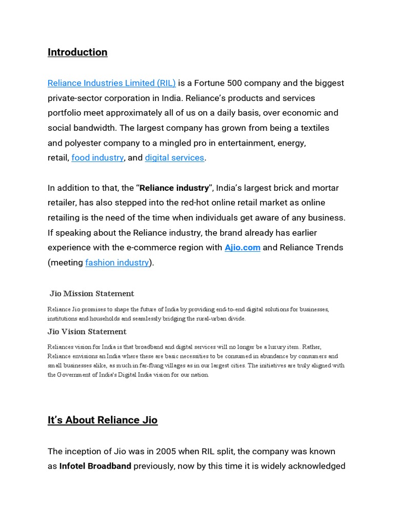 Reliance Industries Limited (RIL) : Jio Mission Statement | PDF | Brand ...
