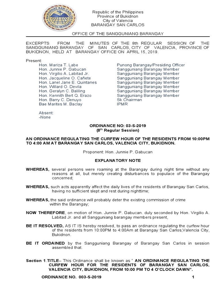 03-S-2019 Curfew of Barangay San Carlos, Valencia City, Bukidnon | PDF ...