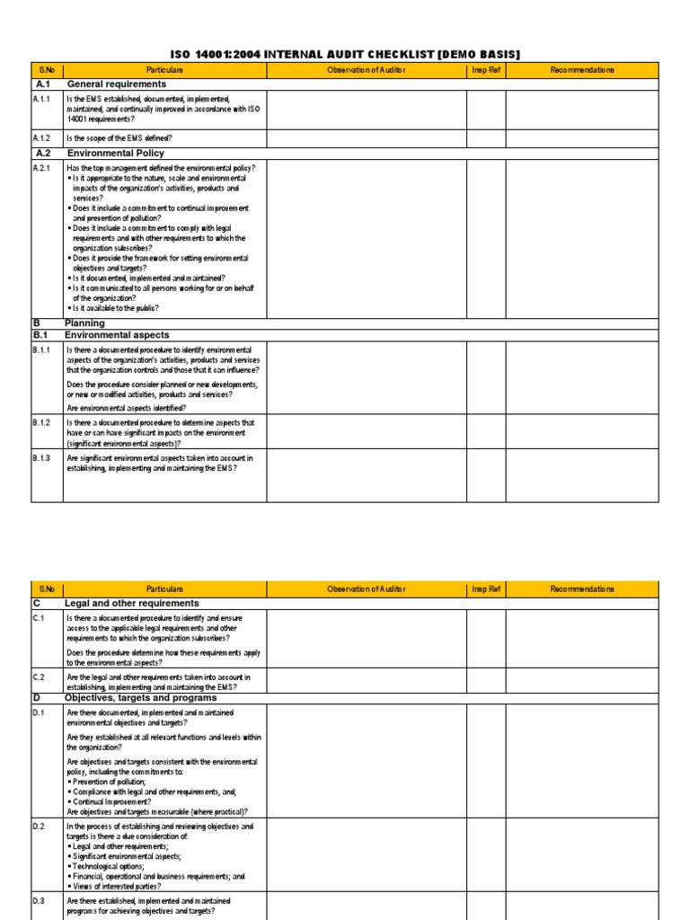 Iso 14001:2004 Internal Audit Checklist (Demo Basis) : A.1 General ...
