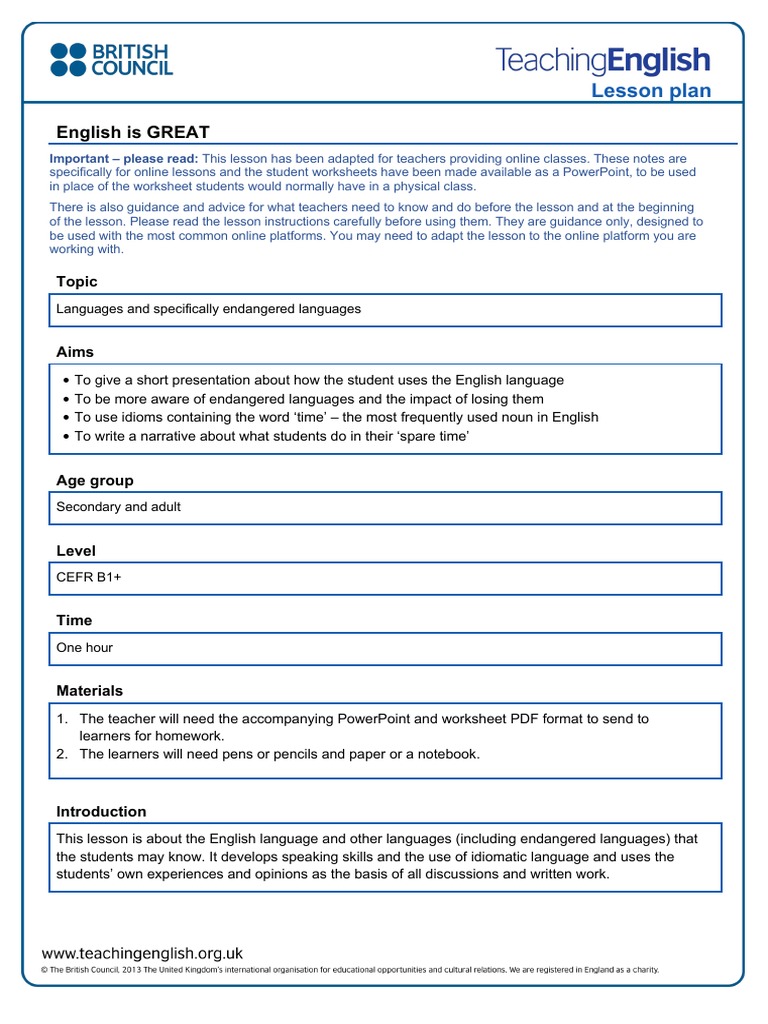 English Is GREAT Online Lesson Plan | PDF | Lesson Plan | Educational ...