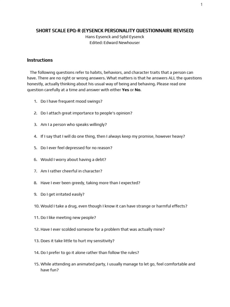 Short Scale Epq-R (Eysenck Personality Questionnaire Revised) | PDF ...
