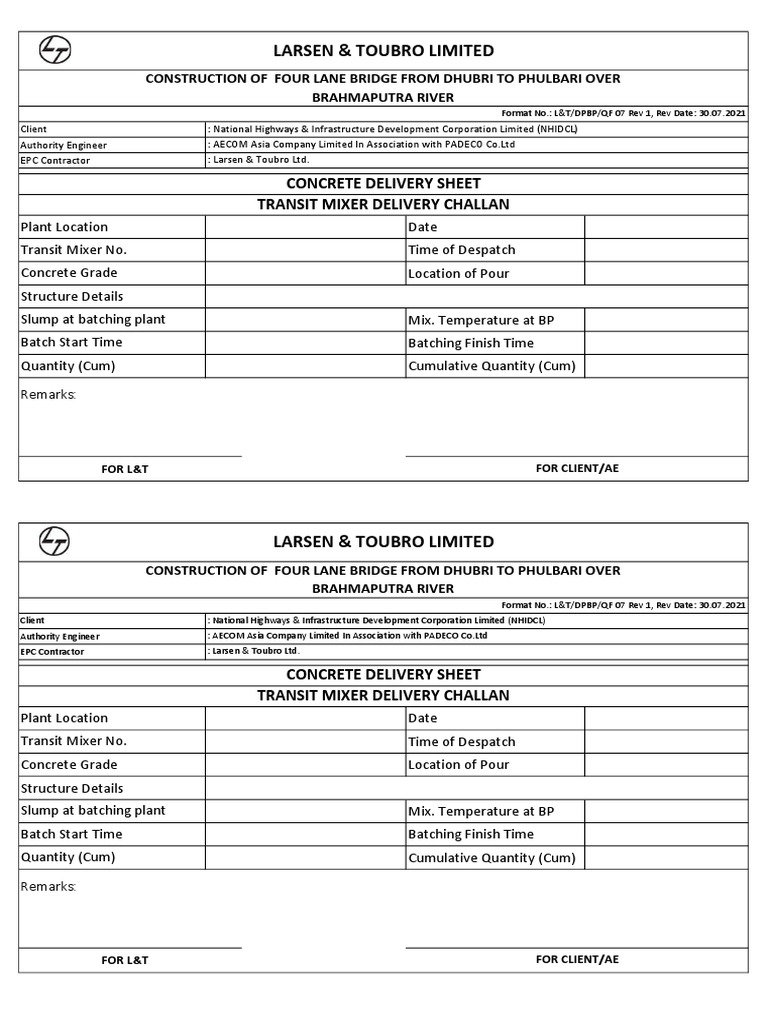 Larsen & Toubro Limited: Concrete Delivery Sheet Transit Mixer Delivery ...
