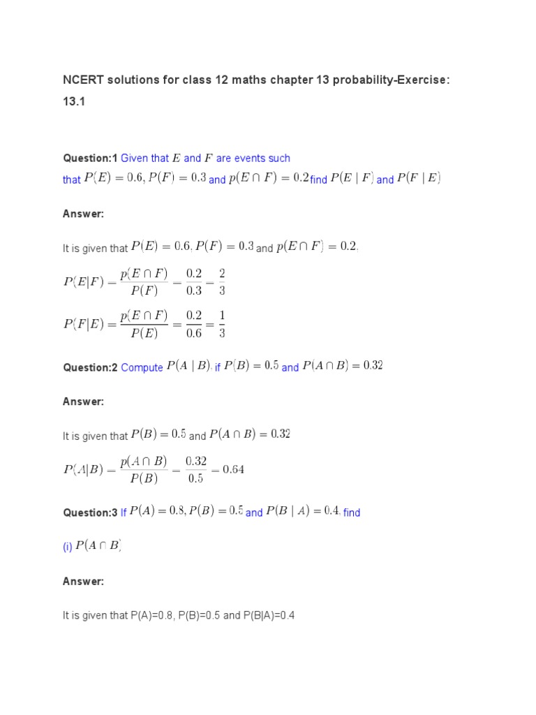 NCERT Class 12 Maths Probability Solutions | PDF | Probability ...