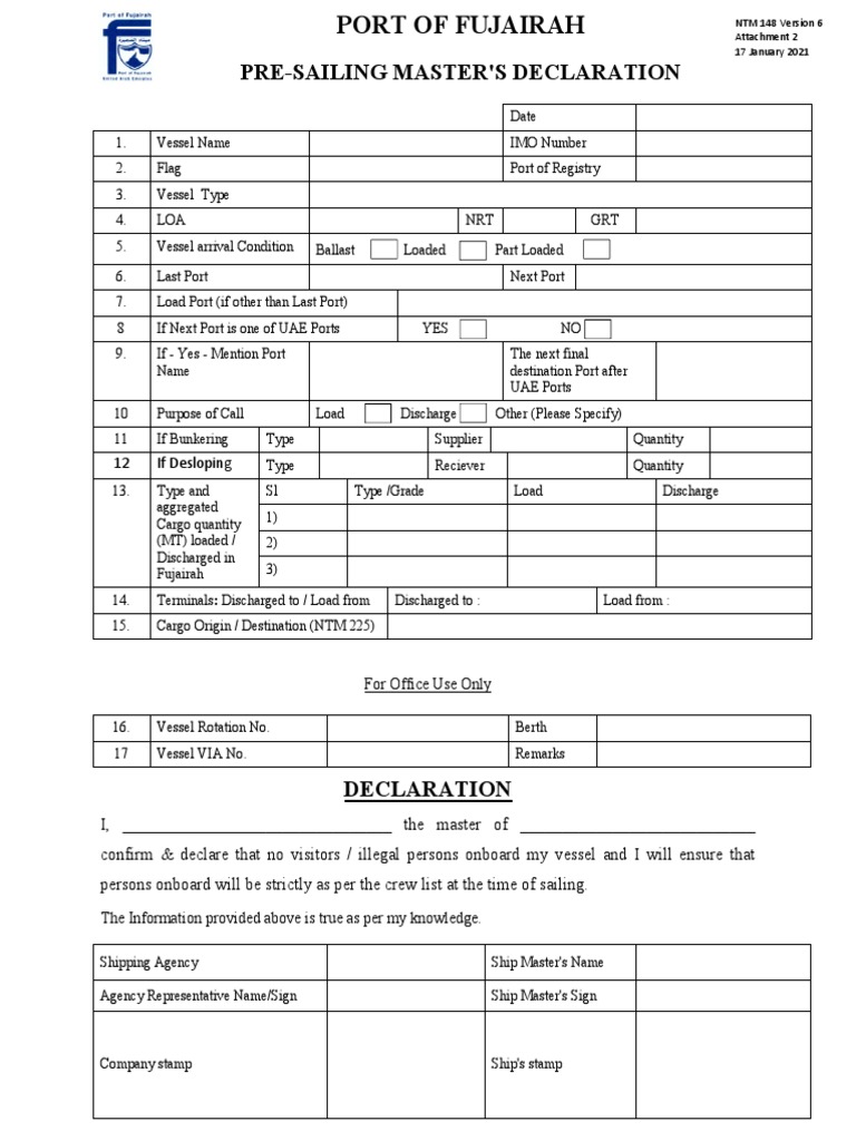 Attachment 2 Pre Sailing Master Declaration | PDF | Port | Ships