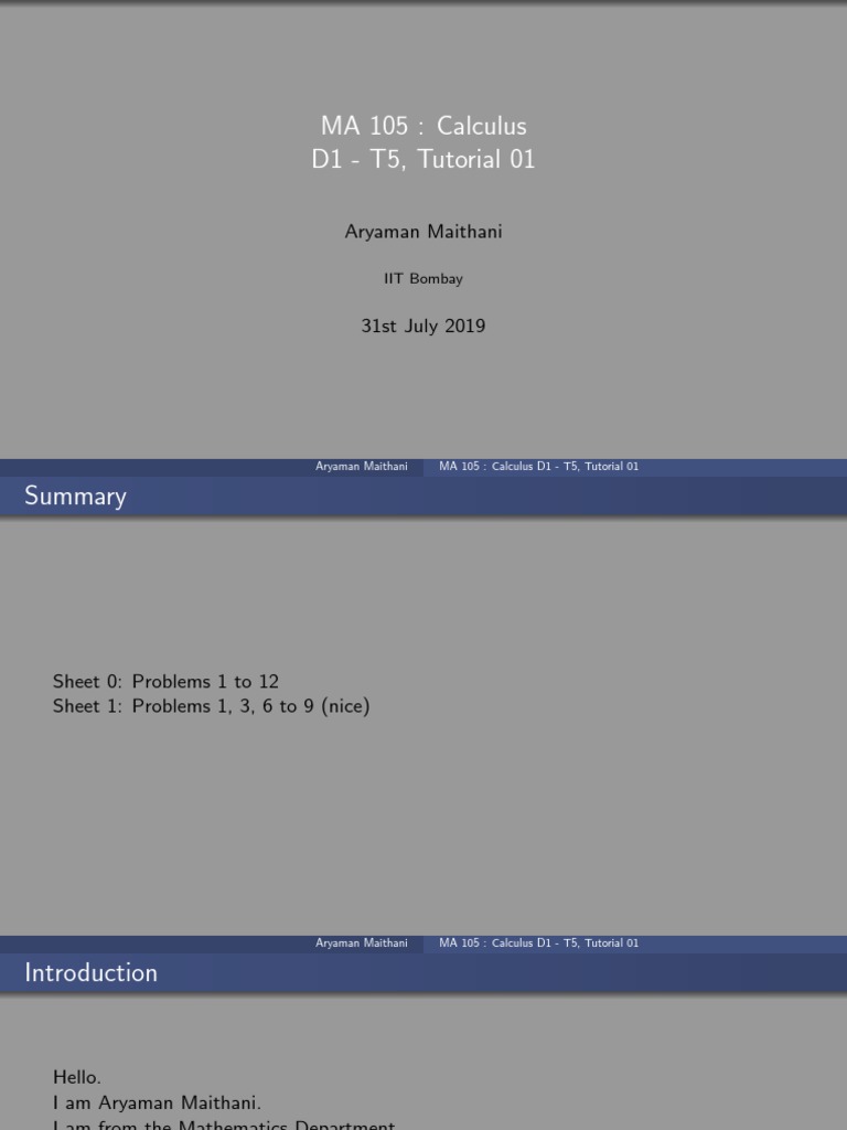 MA 105: Calculus D1 - T5, Tutorial 01: Aryaman Maithani | PDF | Real ...