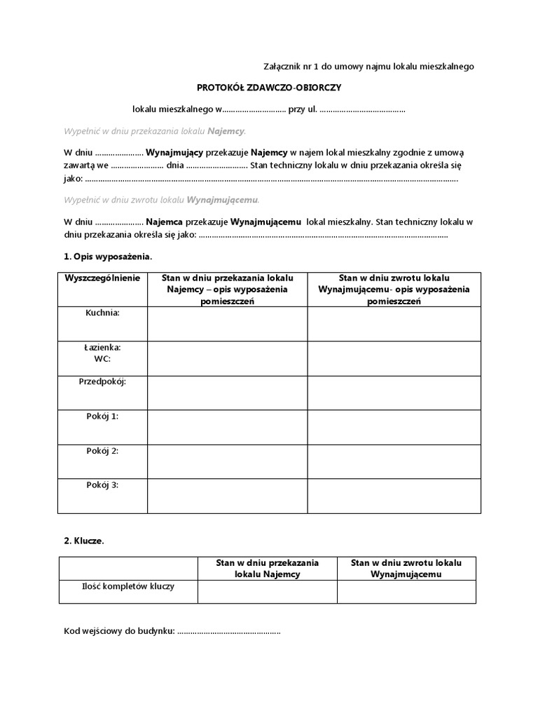 Protokol Zdawczo Odbiorczy Najmowanego Lokalu | PDF