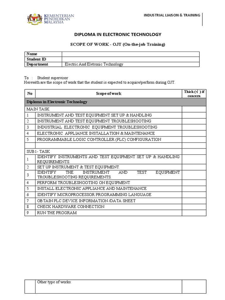 Diploma in Electronic Technology: SCOPE OF WORK - OJT (On-The-Job ...