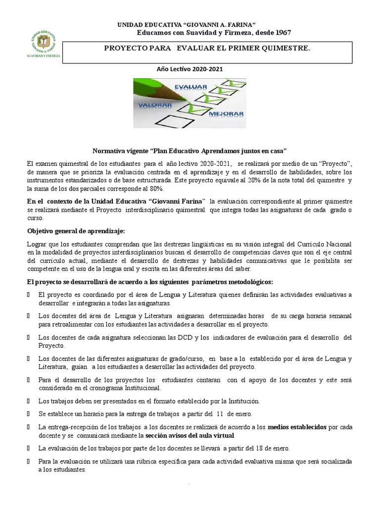 Proyecto para Evaluar El Primer Quimestre | PDF | Evaluación | Plan de ...
