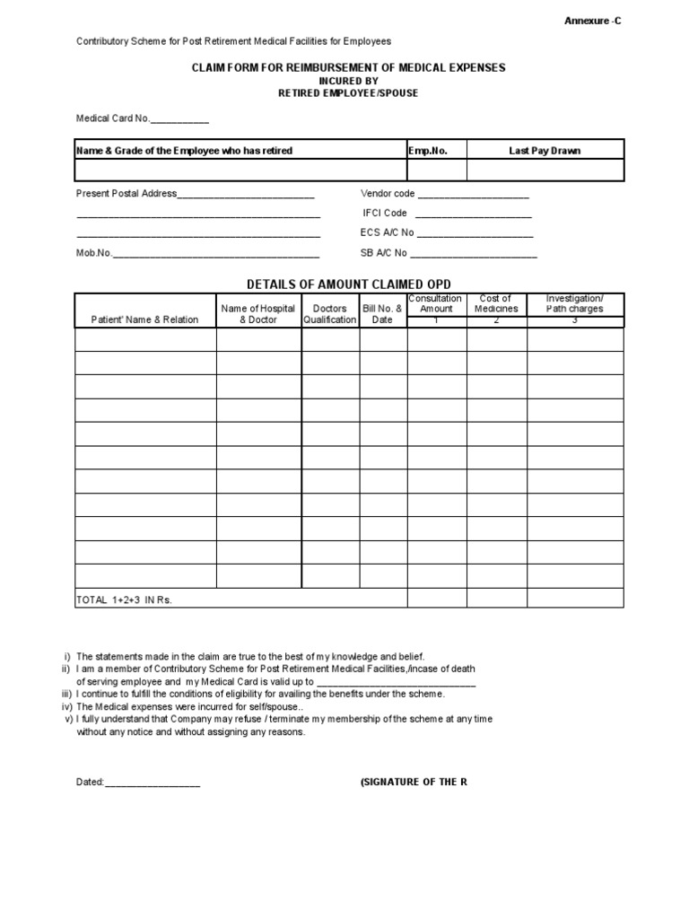 Details of Amount Claimed Opd: Claim Form For Reimbursement of Medical ...