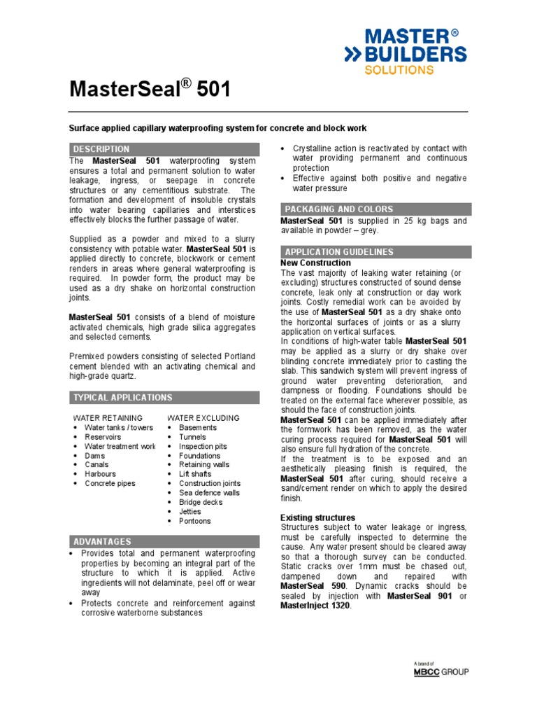 Masterseal 501 Tds | Download Free PDF | Concrete | Water