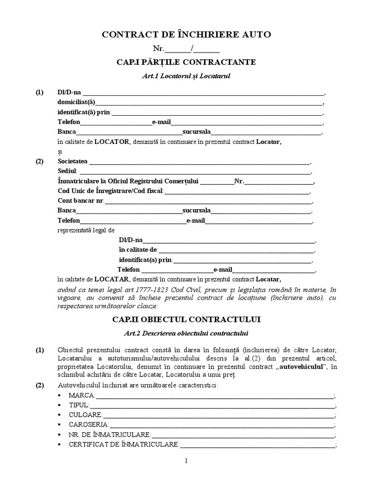 Contract de Inchiriere Auto (Persoana Fizica Inchiriaza Unei PCON048 | PDF
