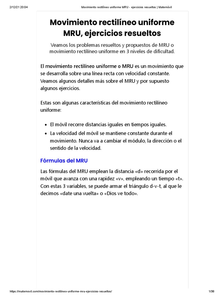 Movimiento Rectilíneo Uniforme MRU - Ejercicios Resueltos - Matemóvil | PDF | Velocidad ...