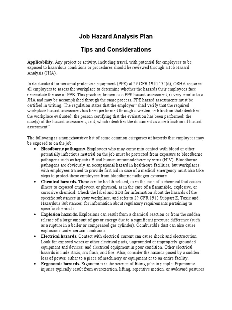 Job Hazard Analysis Plan | PDF | Personal Protective Equipment ...