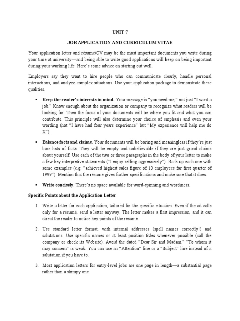 Unit 7 Job Application and Curriculum Vitae | PDF | Résumé