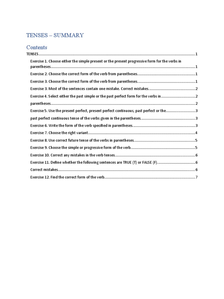Tenses - Summary | PDF | Grammatical Tense