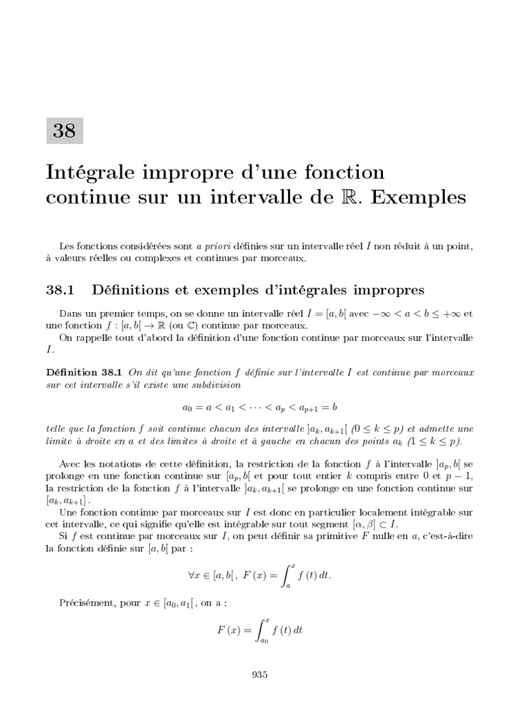 38 Intégrale Impropre D'une Fonction Continue Sur Un Intervalle de R. Exemples | PDF | Intégral ...